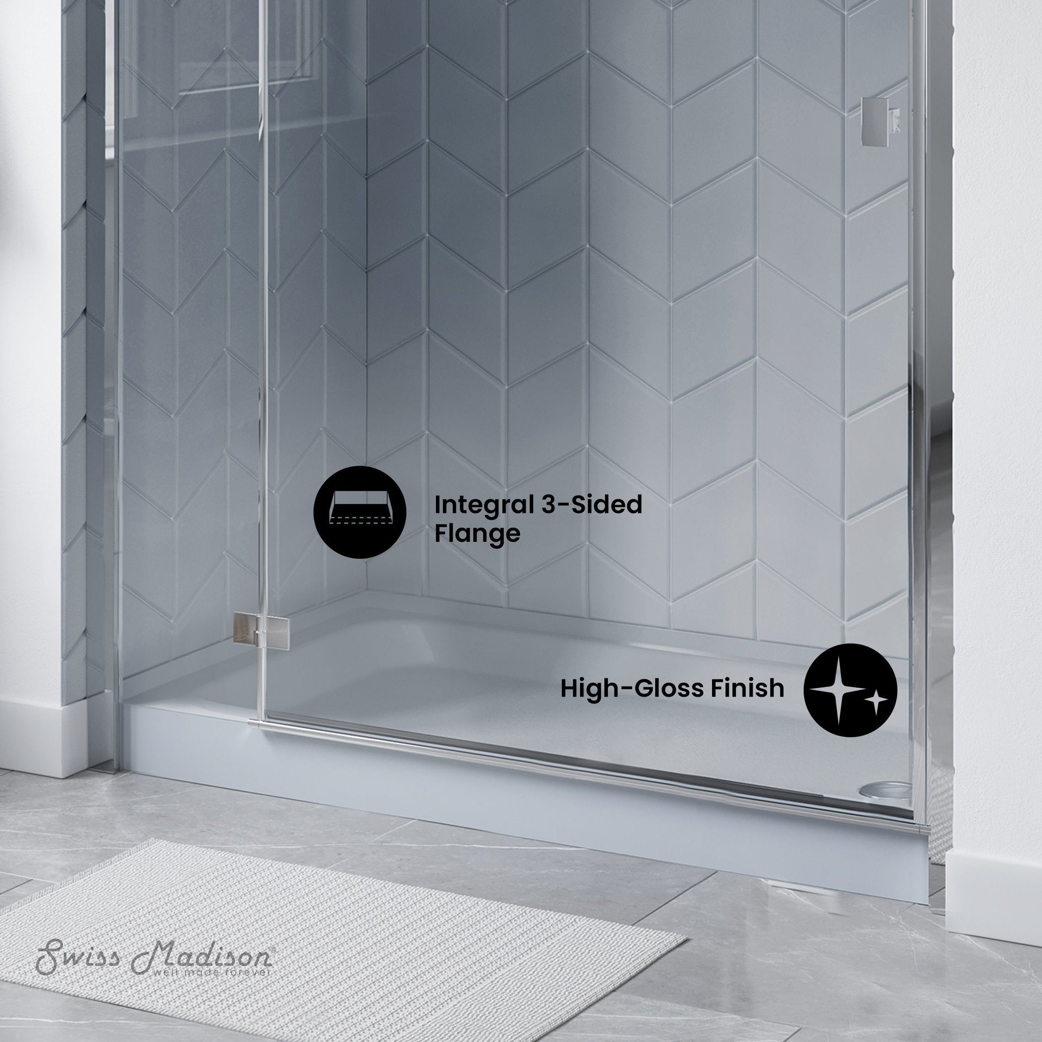 Swiss Madison Voltaire 60" x 32" Single-Threshold Shower Base with Dra